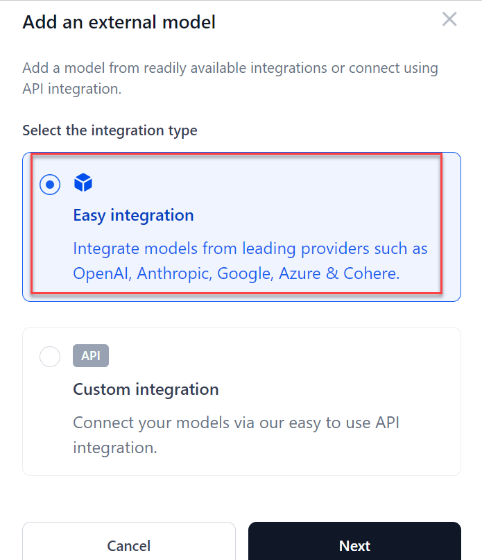 Add a Model using Easy Integration - Kore ai Docs