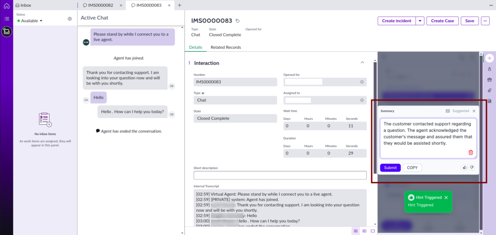 Agent AI Chat Integration with ServiceNow – Agent Assist