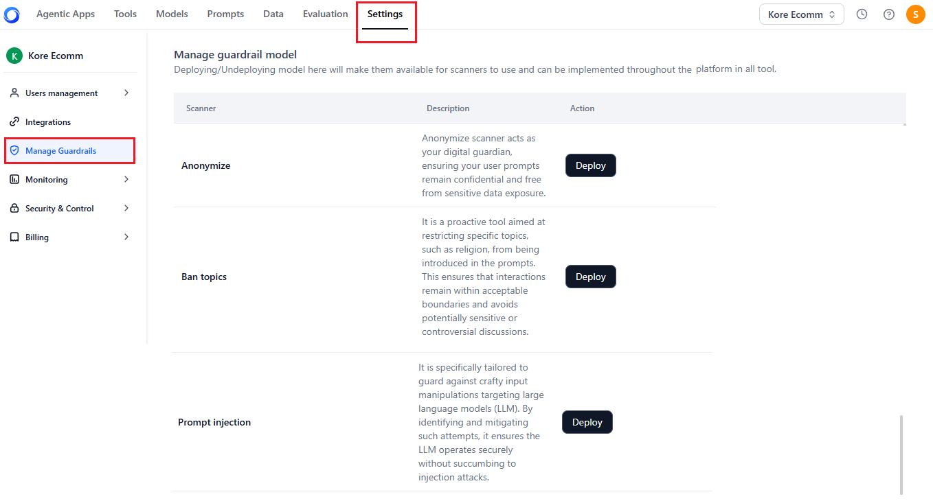 Manage Guardrails - Kore ai Docs