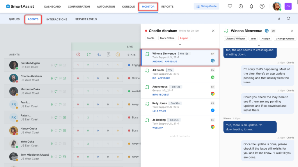 Monitor Queues, Agents, Interactions, and Service Levels – SmartAssist