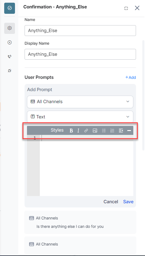 User Prompts or Messages - Kore ai Docs