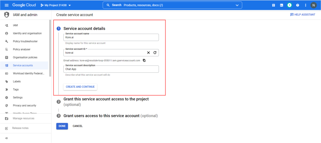 Add google chat - Kore ai Docs