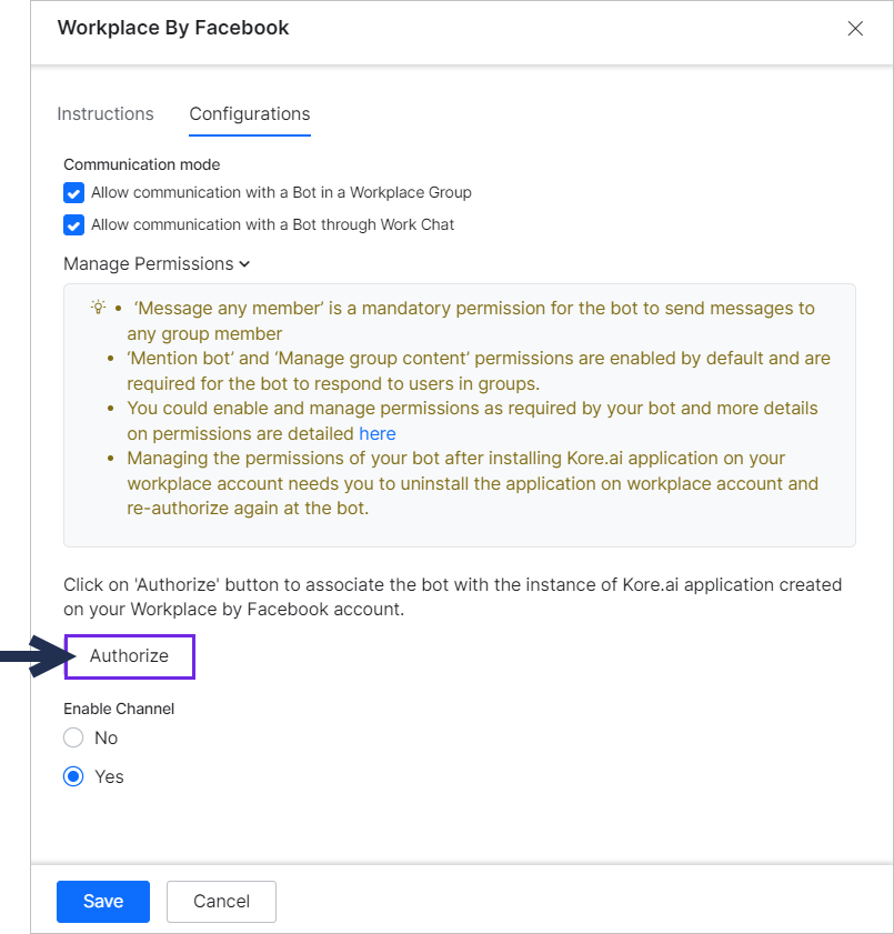 Adding the Workplace by Facebook Channel - Kore ai Docs