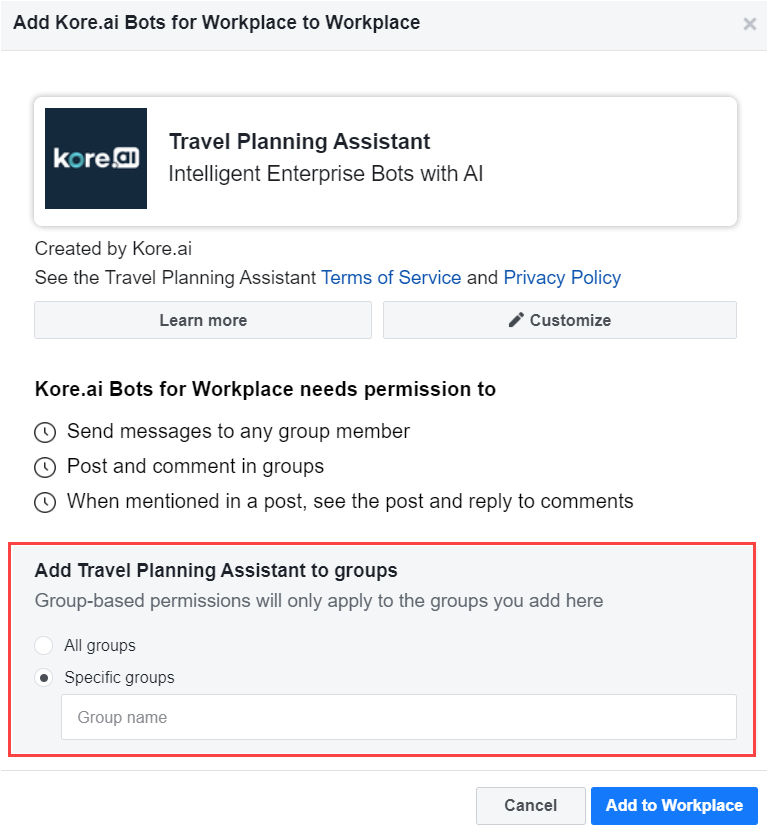 Adding the Workplace by Facebook Channel - Kore ai Docs