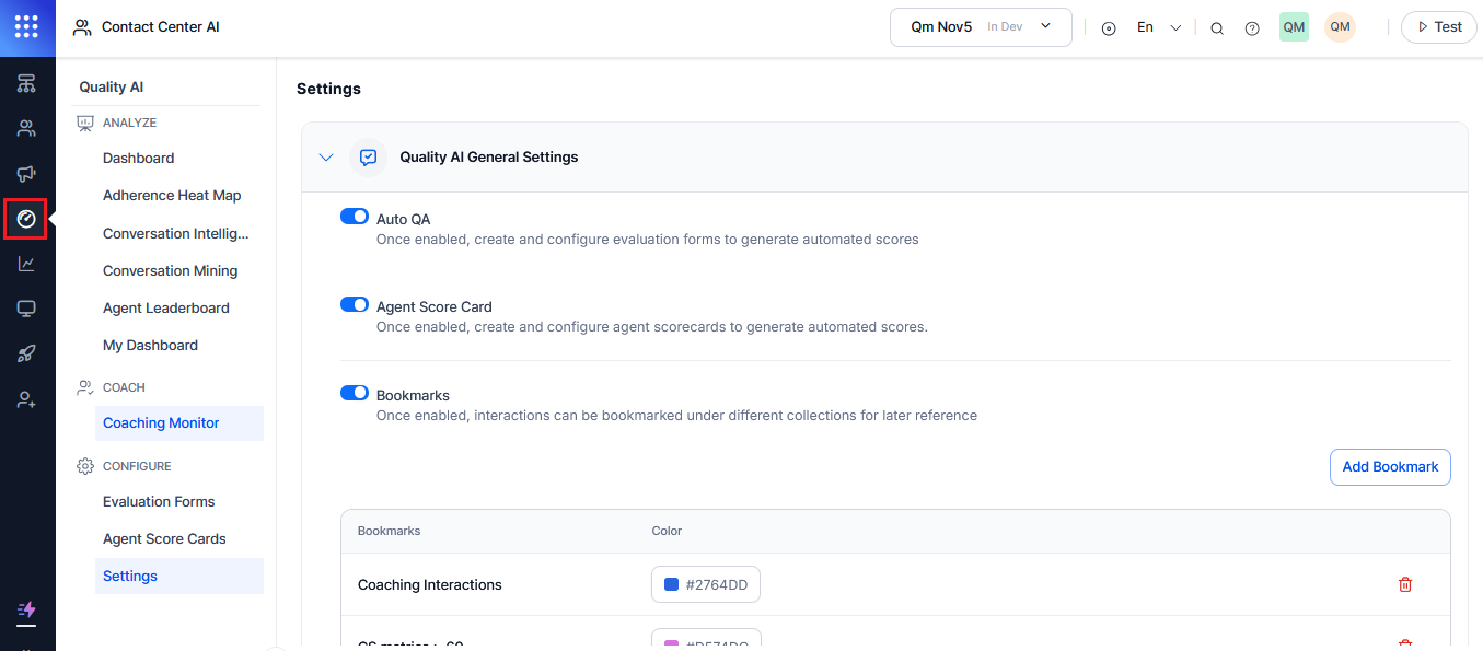 Quality AI General Settings - Kore ai Docs