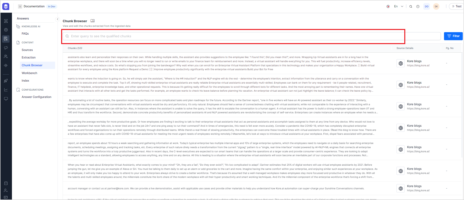 Chunk Browser - Kore ai Docs