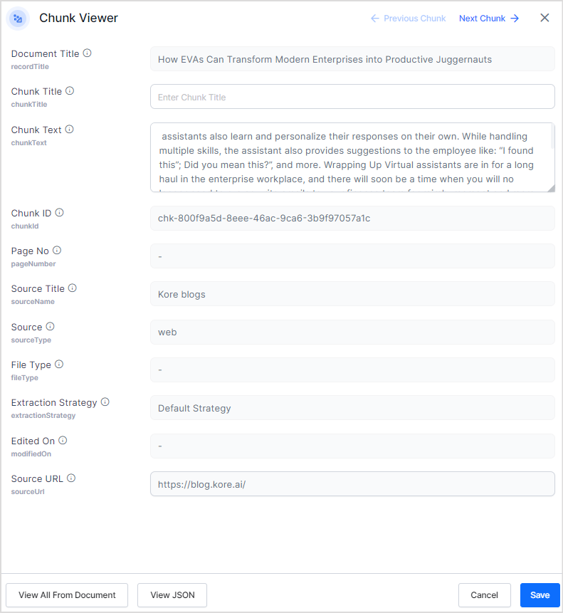 Chunk Browser - Kore ai Docs